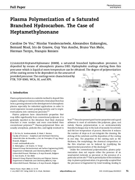 Pdf Plasma Polymerization Of A Saturated Branched Hydrocarbon The