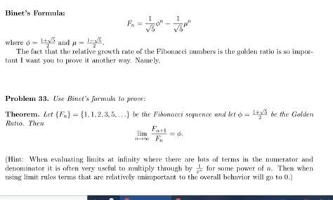 Solved Binets Formula Where 0 1v5 And U 1 75 The