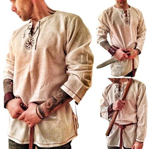 Embroidery Tunic Shirt Knights Viking Pirate Costume Show Men Norse