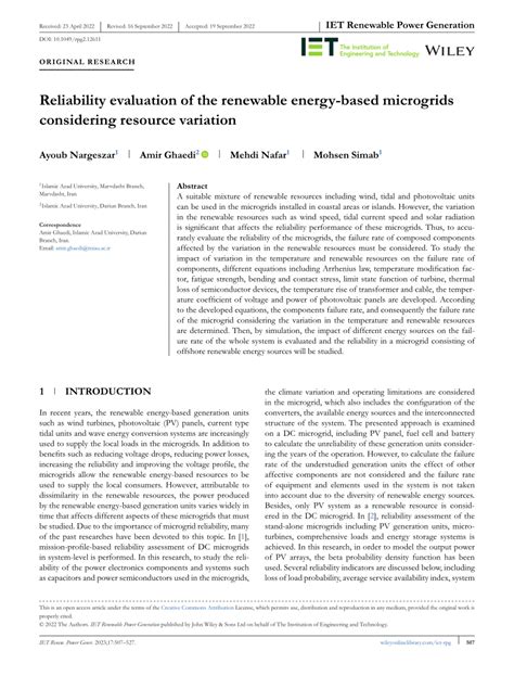 Pdf Reliability Evaluation Of The Renewable Energy‐based Microgrids Considering Resource Variation