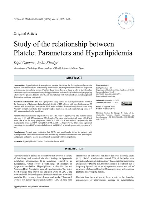 Pdf Study Of Relationship Between Platelet Parameters And Hyperlipidemia