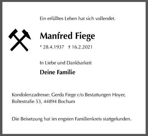 Traueranzeigen Von Manfred Fiege Trauer In Nrwde