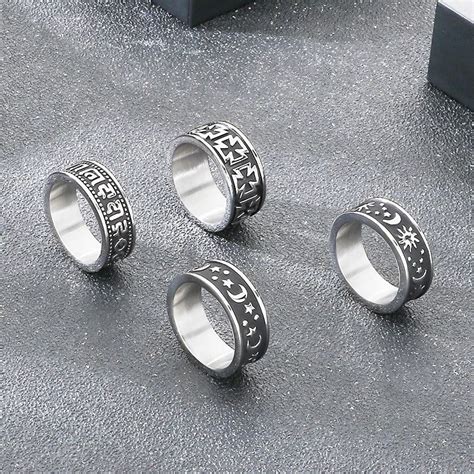 Sun Moon Star Ring For Men Titanium Steel Vintage Band Kemstone