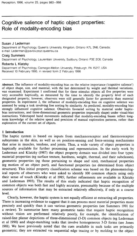 Pdf Cognitive Salience Of Haptic Object Properties Role Of Modality