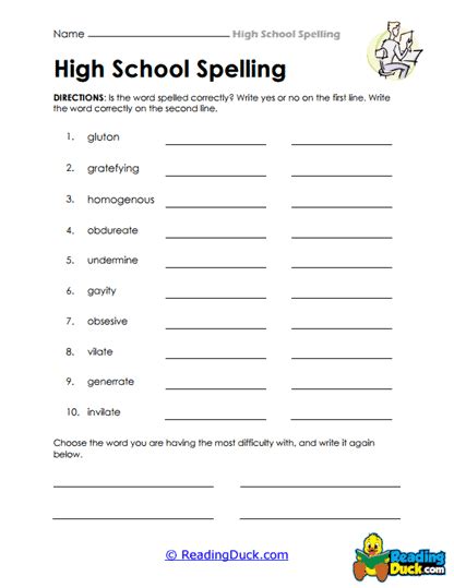 High School Spelling Worksheets Reading