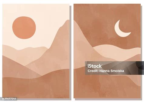 현대 추상 미니멀리스트 풍경 포스터 사막 태양 달 낮과 밤 장면 파스텔 색상 지구 톤 보호 미드 센추리 프린트 플랫 디자인 재팬디에 대한 스톡 벡터 아트 및 기타 이미지