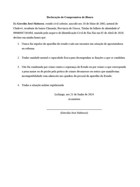 Declaracao De Compromisso De Honra Declaracao De Compromisso De Honra