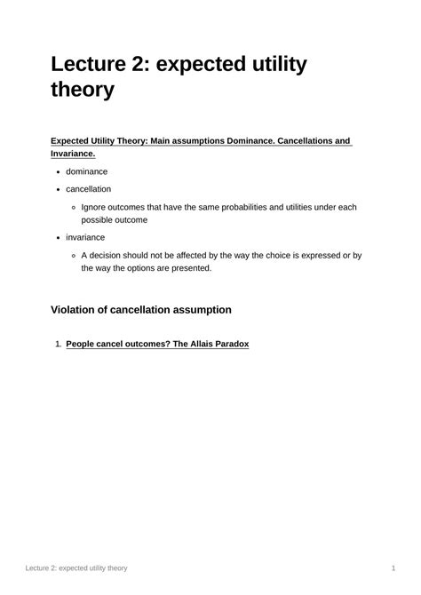Expected Utility Theory | PSYC0009 - Memory and Decision - UCL | Thinkswap