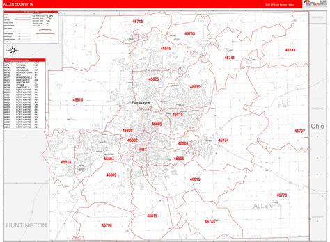 Allen County In Zip Code Wall Map Red Line Style By Marketmaps Mapsales