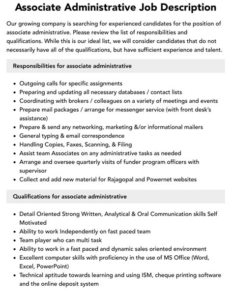 Associate Administrative Job Description Velvet Jobs