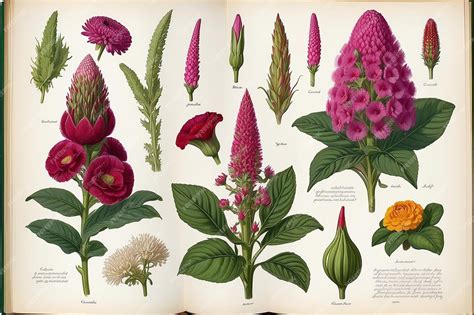 Premium Photo Botanical Guidebook Detailed Cockscomb Flower Illustrations