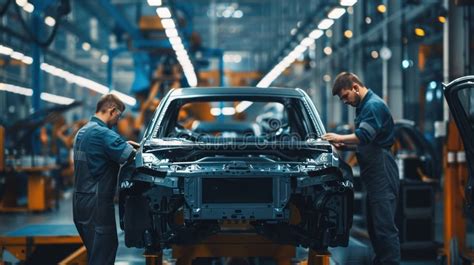 Workers Assembling Car Parts In An Auto Manufacturing Stock