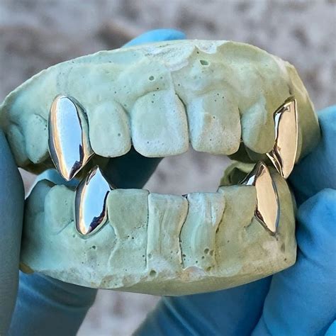 925 Yellow Gold Plated Custom Fang Grillz Set 2 Single Cap Two Vampire