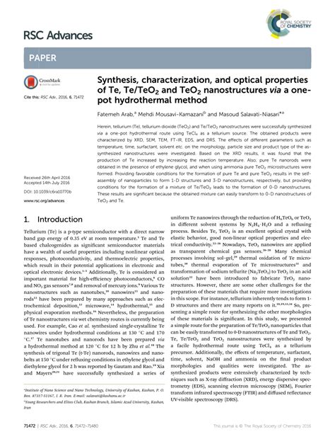 Pdf Synthesis Characterization And Optical Properties Of Te Te