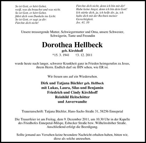 Traueranzeigen Von Dorothea Hellbeck Trauer In Nrw De