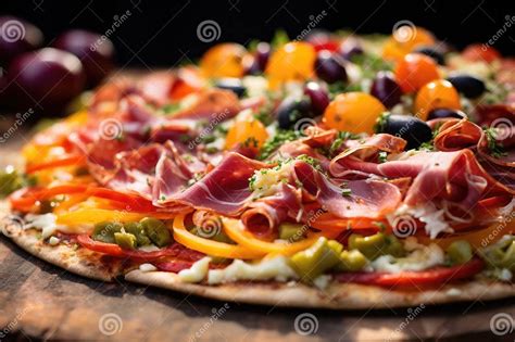 Close Up Of Flatbread Pizza With Colorful Vegetable Toppings Stock