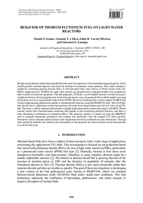 Pdf Behavior Of Thorium Plutonium Fuel On Light Water Reactors C Teixeira