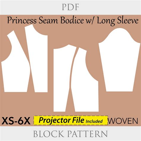 Princess Seam Bodice Block Pdf Sewing Pattern Size Xs 6x Basic Bodice Block Pdf Basic