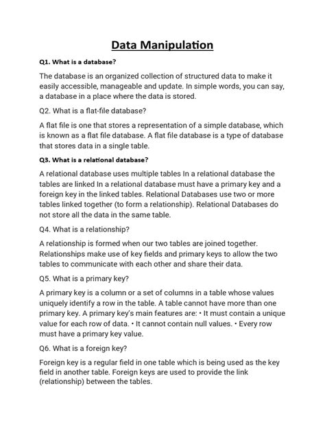 Data Manipulation Q1 What Is A Database Pdf Relational Database