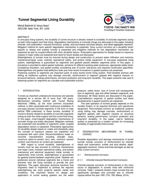 Tunnel Segmental Lining Durability Fastening Pdf Corrosion Concrete