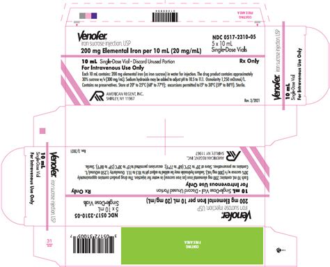 Dailymed Venofer Iron Sucrose Injection Solution