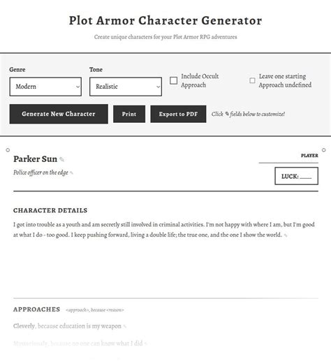 An Online Plot Armor Character Generator Plot Armor Rpg Rules By Griatch