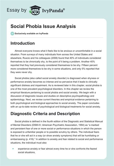 Social Phobia Issue Analysis 3679 Words Research Paper Example