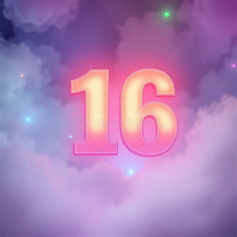 Number Sixteen 16 On Colored Clouds Background Purple Pink Color