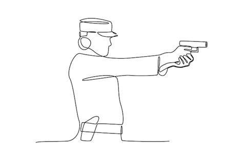 단일 연속 라인 드로잉 경찰이 총을 사용하여 연습하고 있습니다 경찰 활동 미니멀리즘 개념 한 줄 드로잉 그래픽 디자인 터 일러스트레이션 프리미엄 벡터