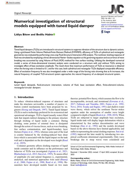 2023 Numerical Investigation Of Structural Models Equipped With Tuned Liquid Damper Pdf