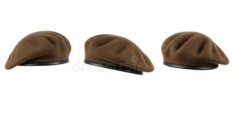 Brown Military Beret Hat With Leather Trim From Three Different Views