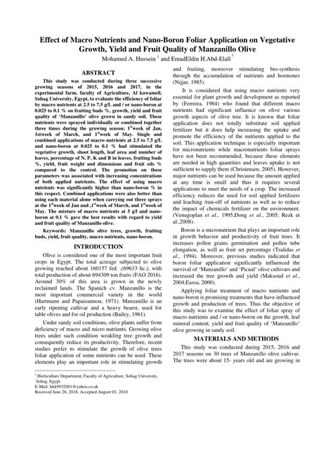 Pdf Effect Of Macro Nutrients And Nano Boron Foliar Application On Vegetative Growth Yield