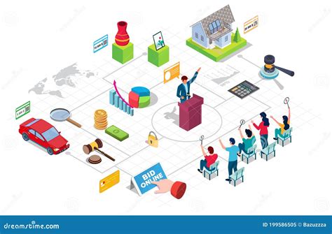 Auction And Bidding Flowchart Vector Isometric Infographic Mobile
