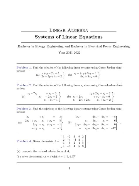 linear algebra problems gauss elimination and systems pdf system of
