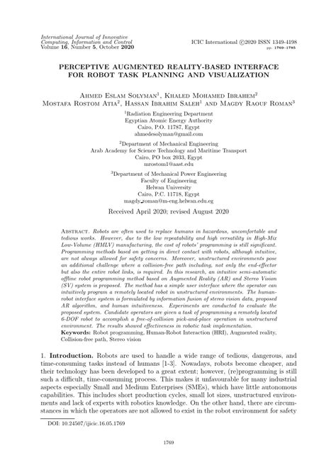 Pdf Perceptive Augmented Reality Based Interface For Robot Task Planning And Visualization