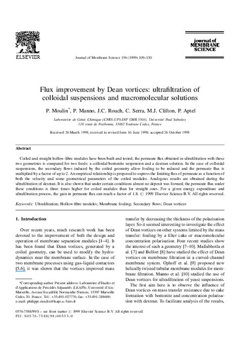 Pdf Flux Improvement By Dean Vortices Ultrafiltration Of Colloidal Suspensions And