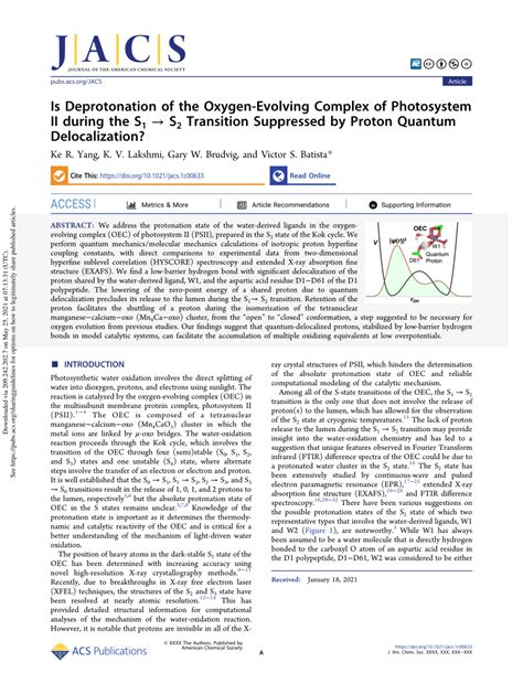 Pdf Is Deprotonation Of The Oxygen Evolving Complex Of Photosystem Ii During The S 1 → S 2