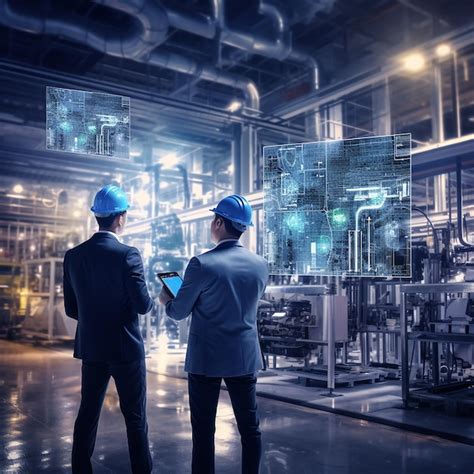 Premium AI Image Factory Digitalization Two Industrial Engineers Use Tablet Computer Big Data