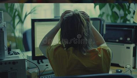 Woman Standing In Front Of Computer With Head Held Up Labour Day Banner Stock Illustration