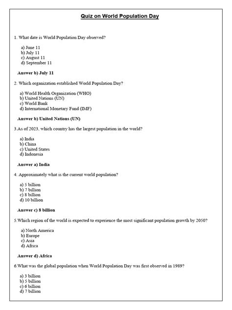 World Population Day Quiz 2023 Pdf