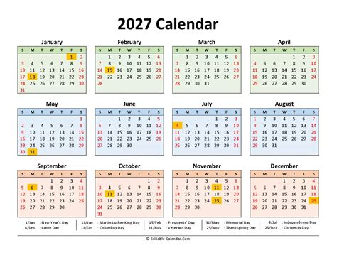 2027 Calendar With Holidays Printable King Printables
