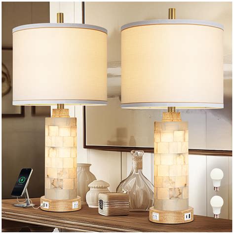 Natural Alabaster And Wood Table Lamp Set Of 2 With Night Light