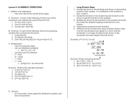 Algebraic Operations Math Lesson 5 Algebraic Operations I