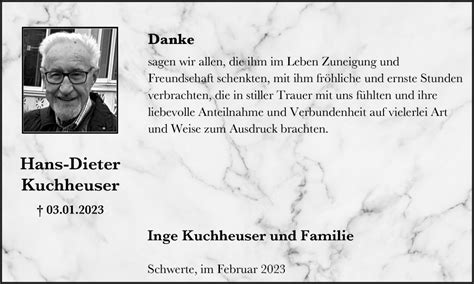 Traueranzeigen Von Hans Dieter Kuchheuser Sich Erinnern De