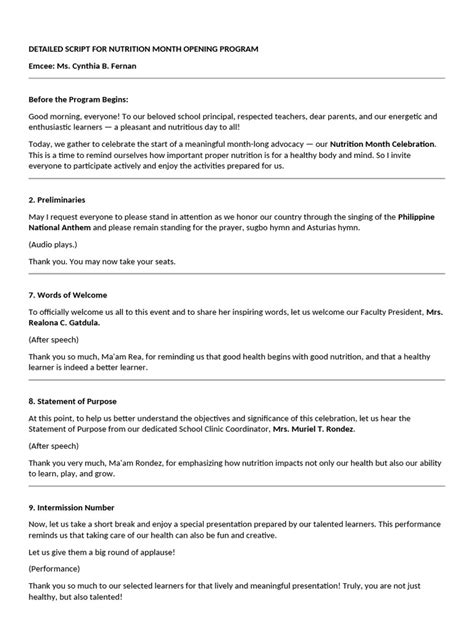 Detailed Script For Nutrition Month Opening Program Pdf