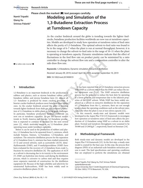 Pdf Modeling And Simulation Of 1 3‐butadiene Extraction Process At Turndown Capacity