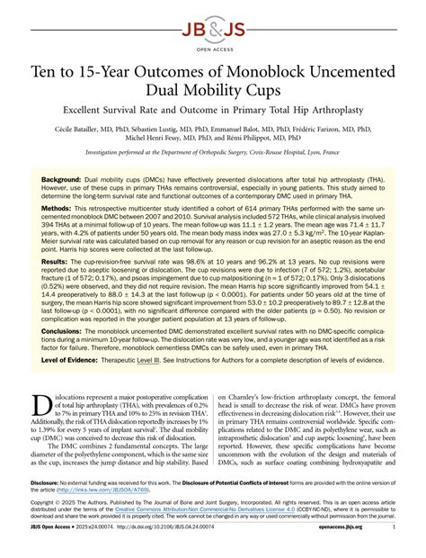 Pdf Ten To 15 Year Outcomes Of Monoblock Uncemented Dual Mobility Cups Excellent Survival
