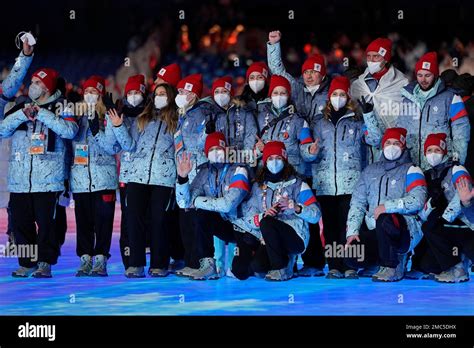 Athletes From The Russian Olympic Committee Wave During The Closing