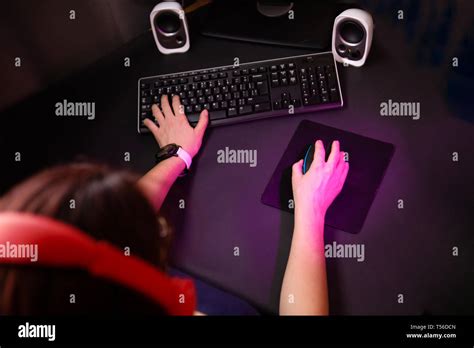 Female Hands Playing Computer Game With Mouse And Keyboard Stock Photo Alamy