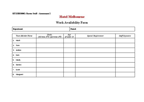 Work Availability Form Template Pdf